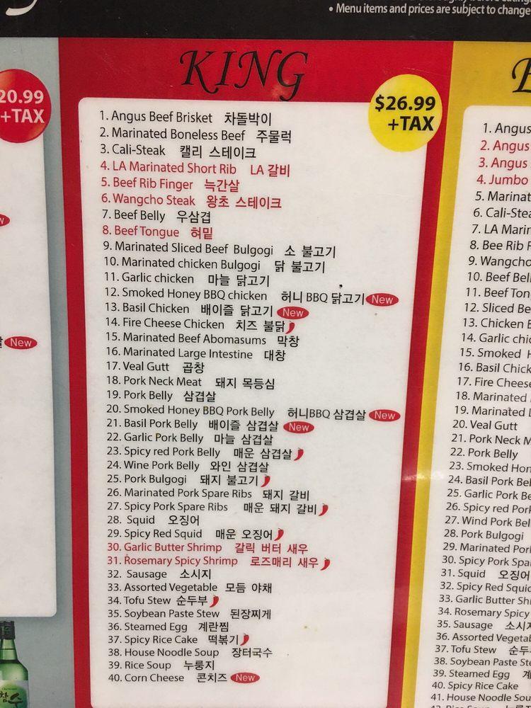 Menu at Wang Cho Korean BBQ, Riverside