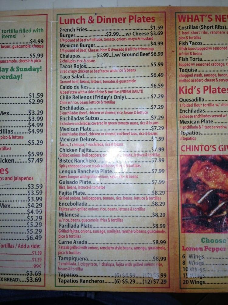 Menu at Chinto's Super Taco restaurant, Del Rio