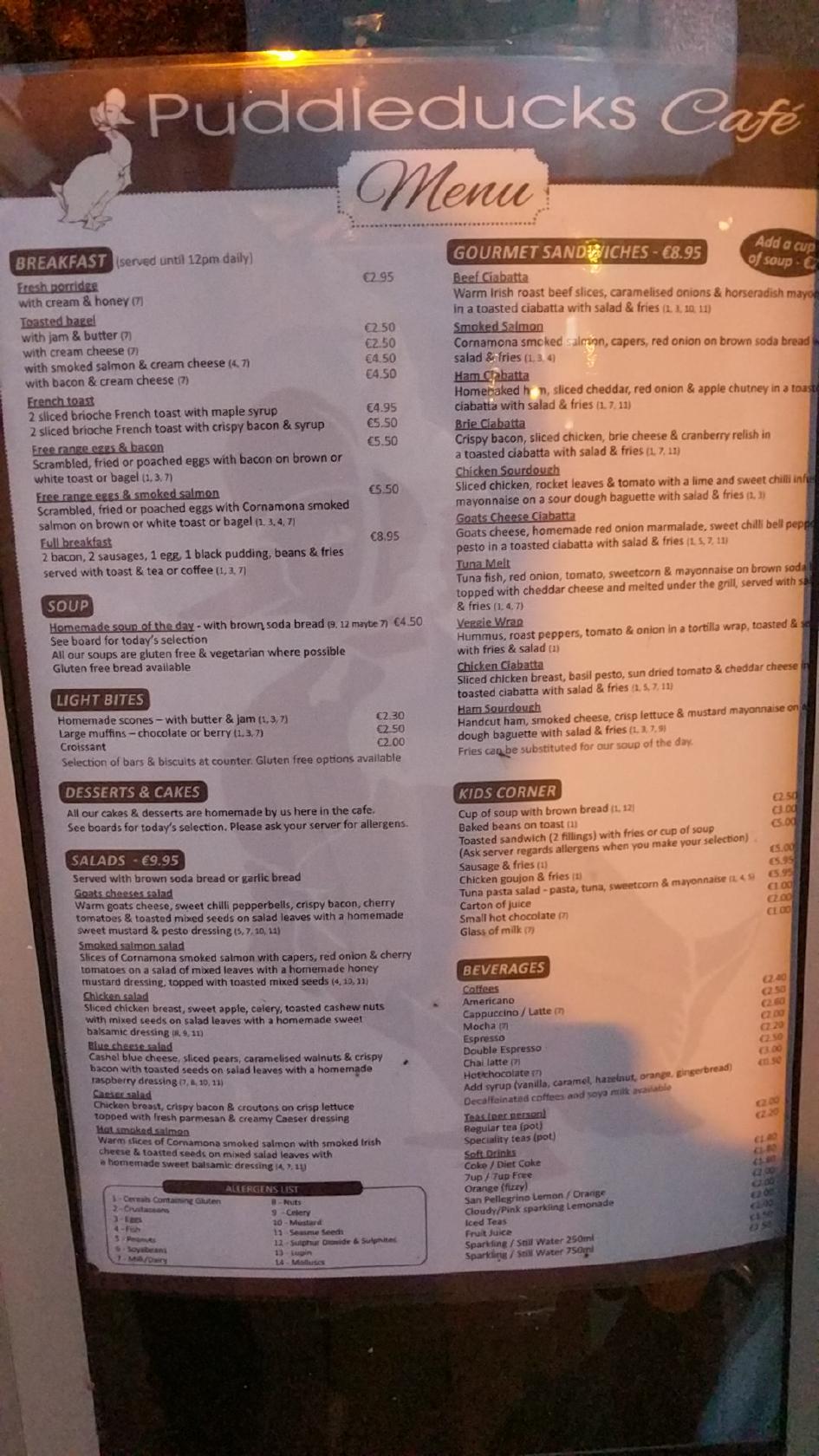 Menu at Puddleducks Café cafe, Cong