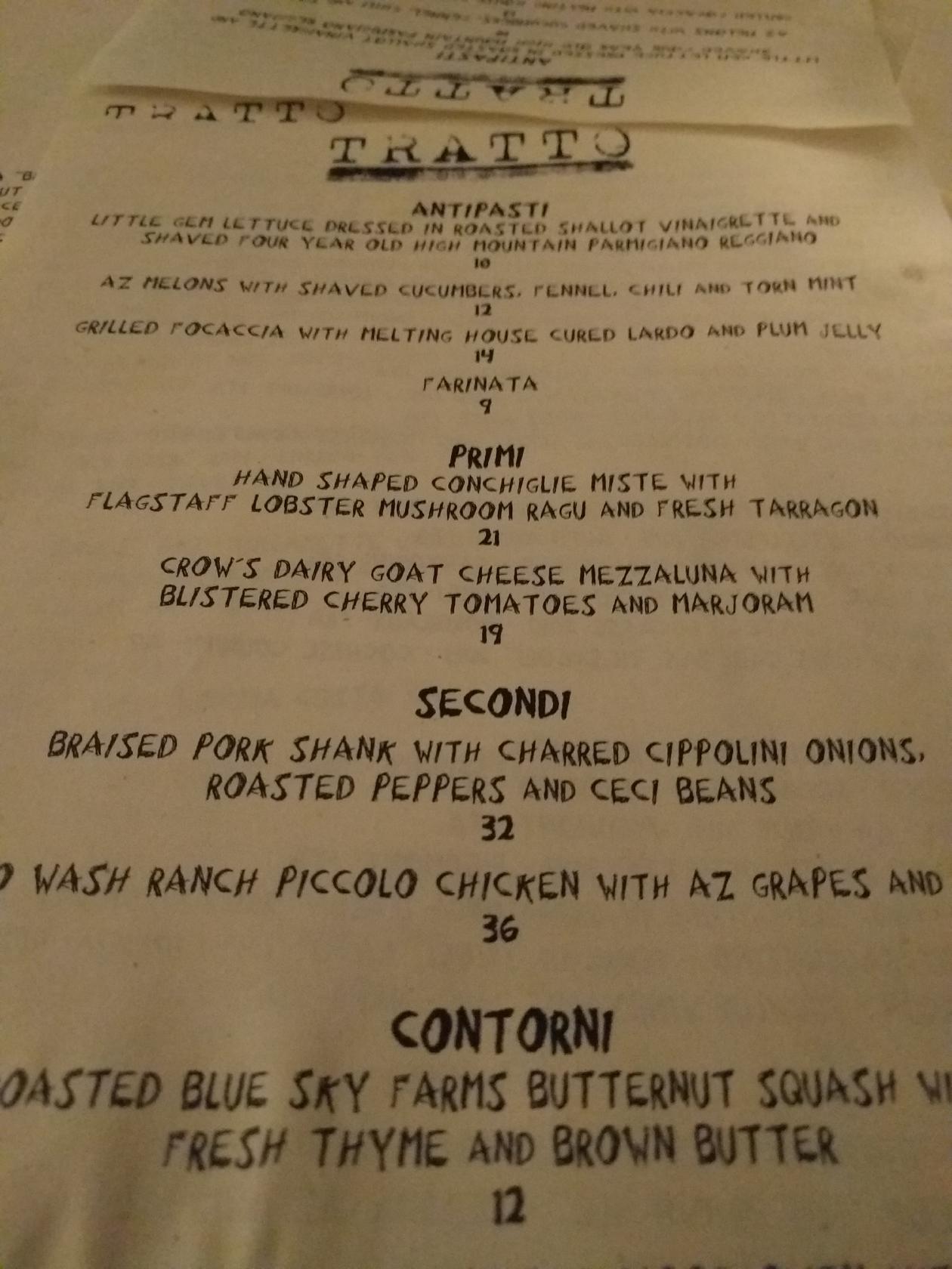 Menu at Tratto pub & bar, Phoenix, E Van Buren St