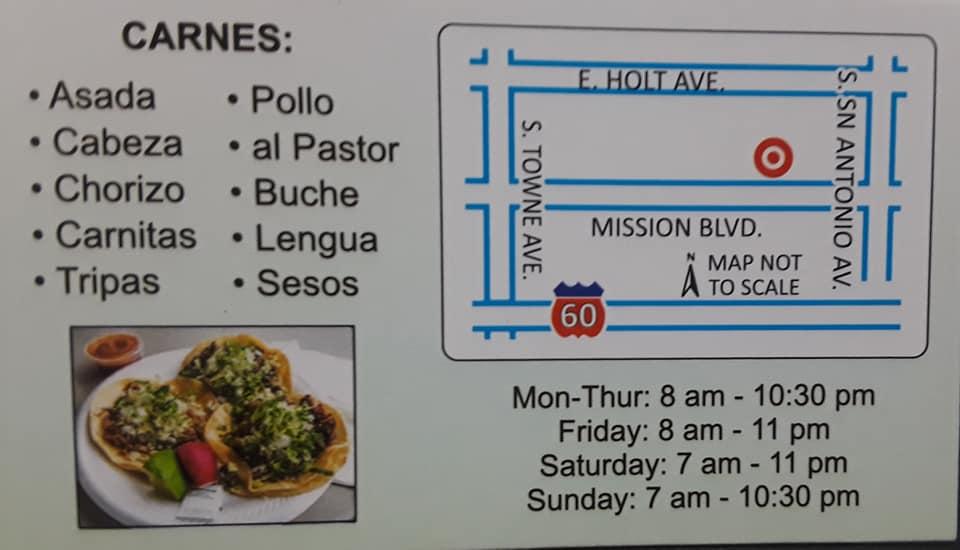 Menu at Alex tacos restaurant, Pomona