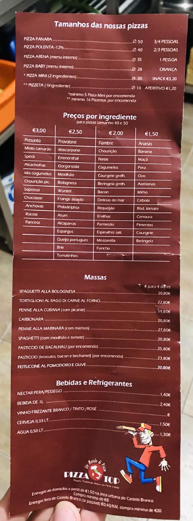 Menu at Arena di Verona restaurant, Castelo Branco