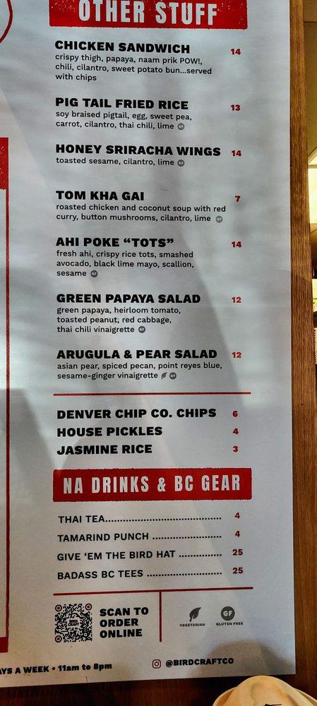 Menu at Bird Craft restaurant, Frisco