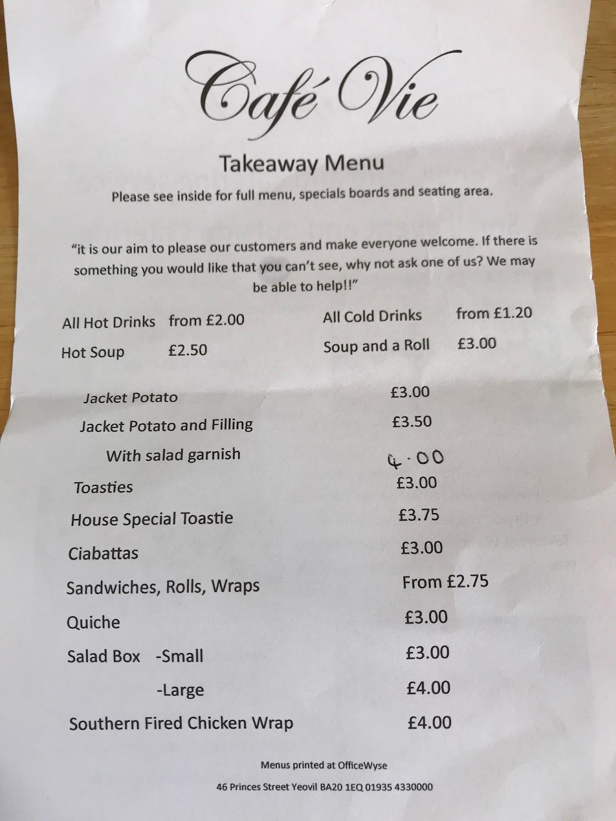 Menu at Cafe Vie, Yeovil