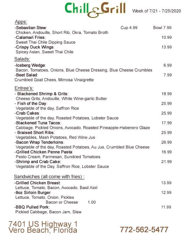 Menu at Chill & Grill pub & bar, Winter Beach, US-1
