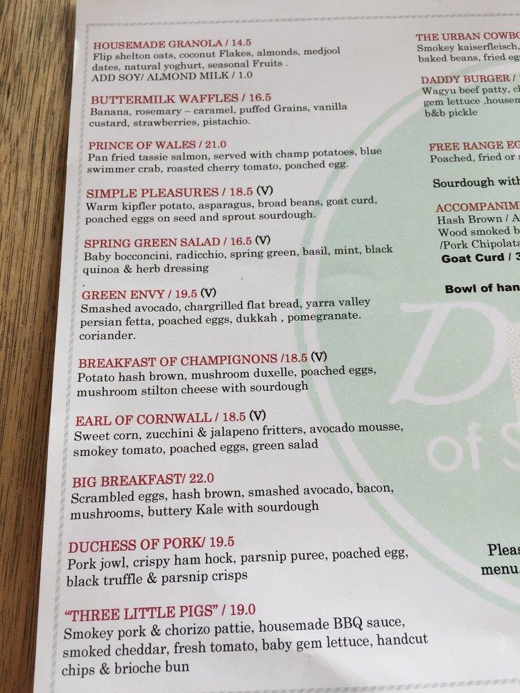 Menu at Duchess of Spotswood cafe, Spotswood, 87 Hudsons Rd