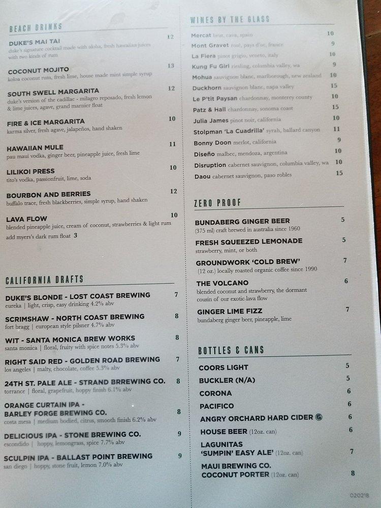Menu at Duke's Malibu restaurant, Malibu
