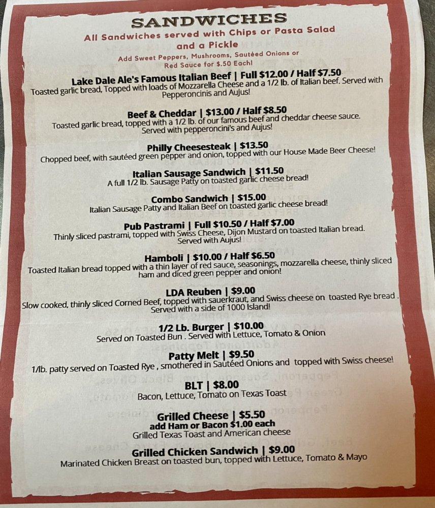 Menu at Lake Dale Ale pub & bar, Lowell