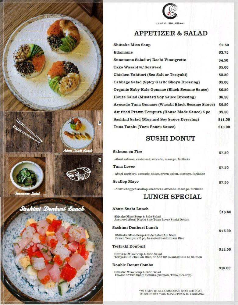 Menu at Uma Sushi restaurant, Vancouver