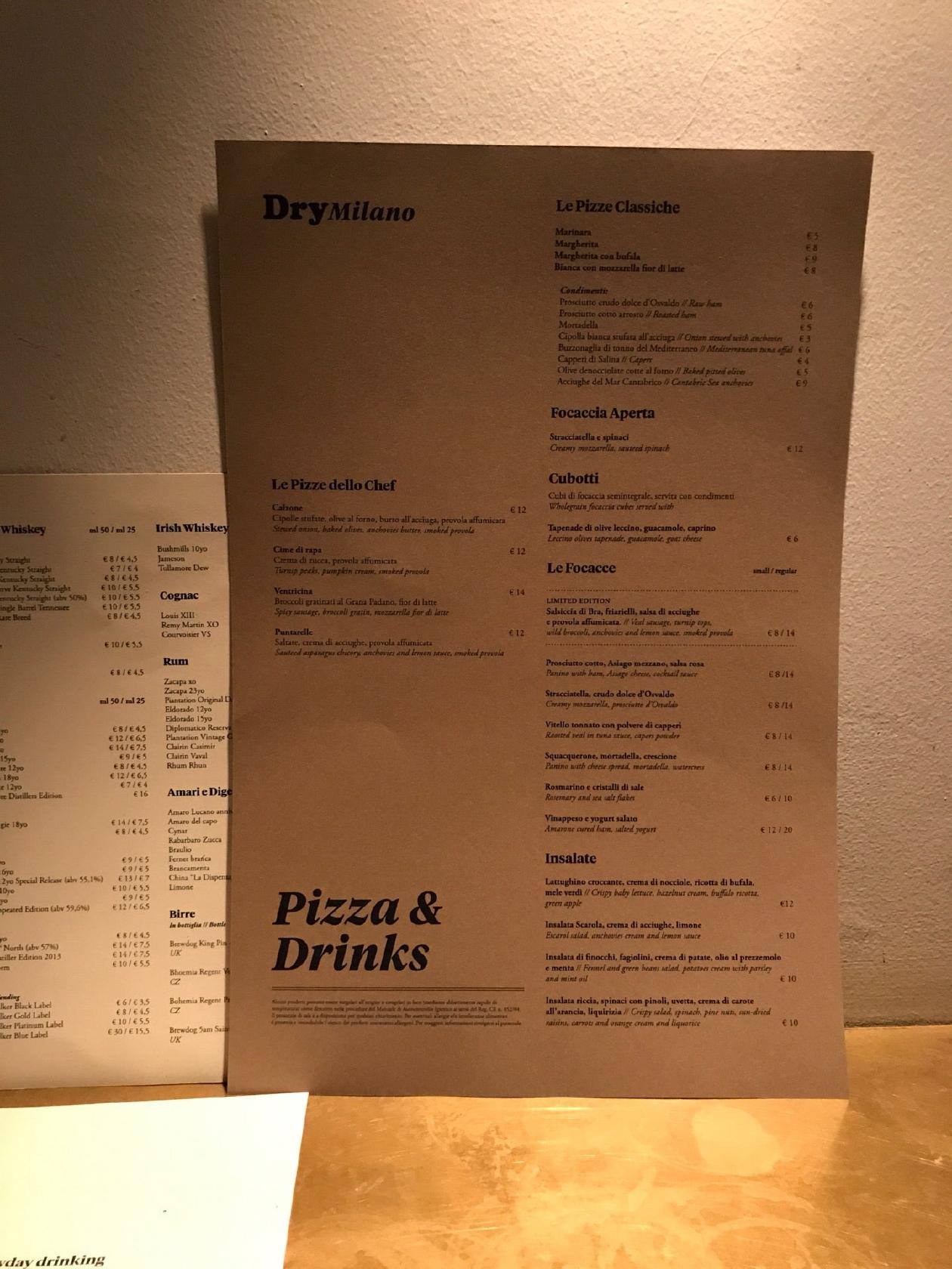 Menu da Dry Milano pub & bar, Milano, Via Solferino