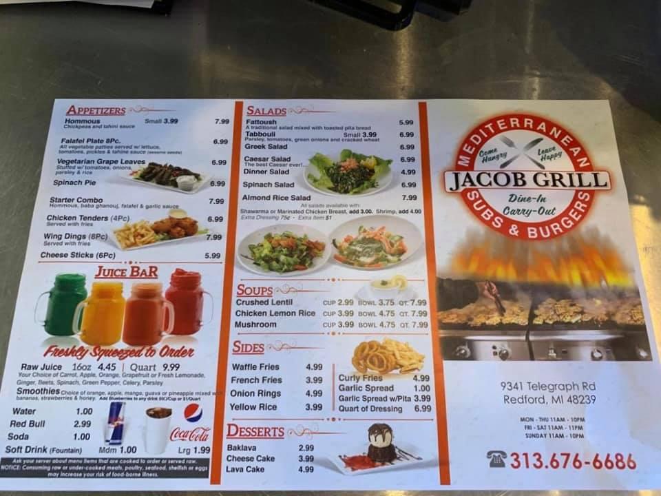 Carta del restaurante Jacob grill, Municipio del Redford