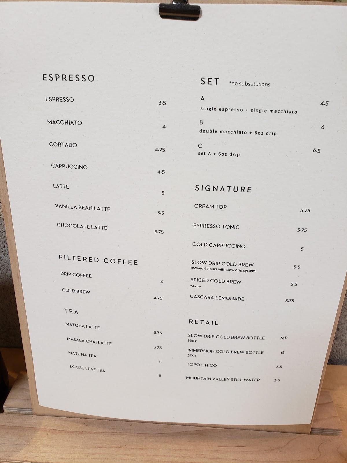 Menu at Maru Coffee cafe, Los Angeles, S Santa Fe Ave