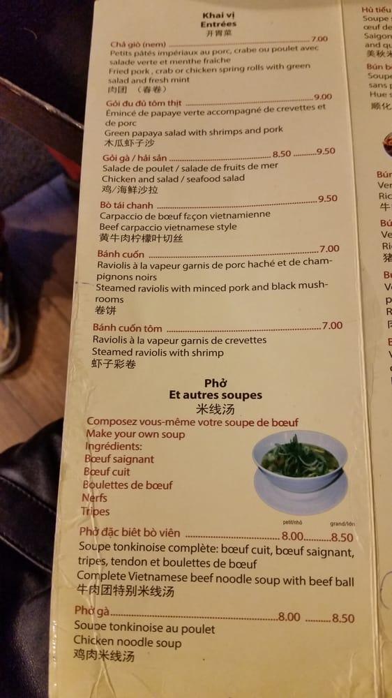 Menu at Pho Bida Viet Nam restaurant, Paris