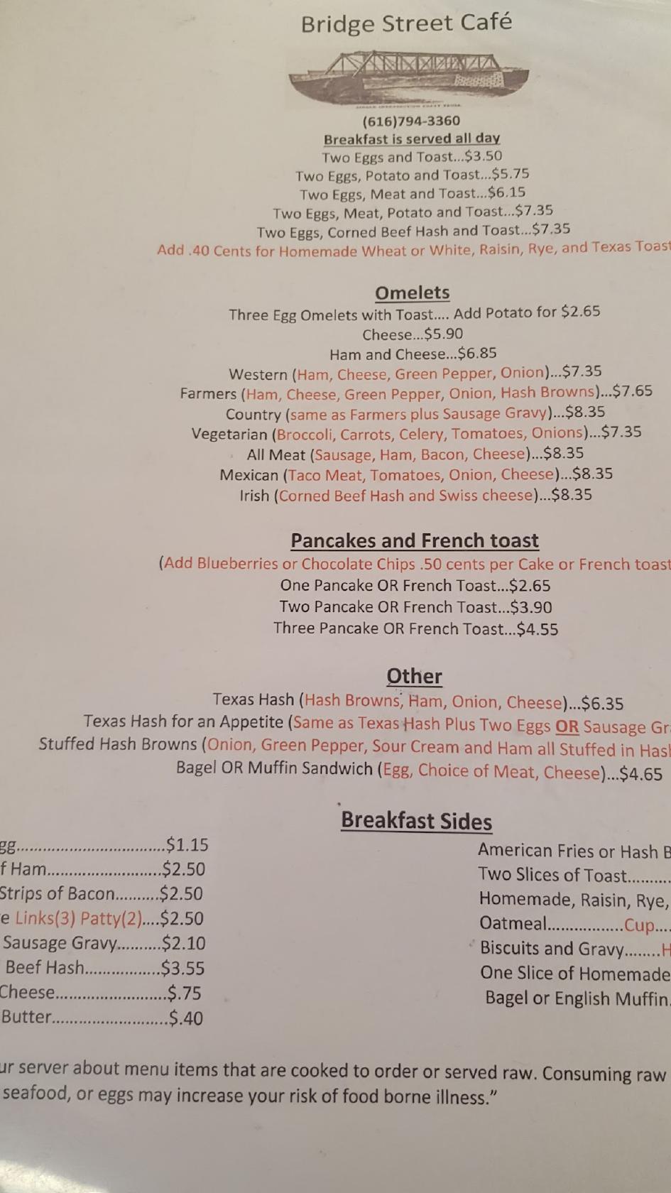 Menu at Bridge Street Cafe, Belding