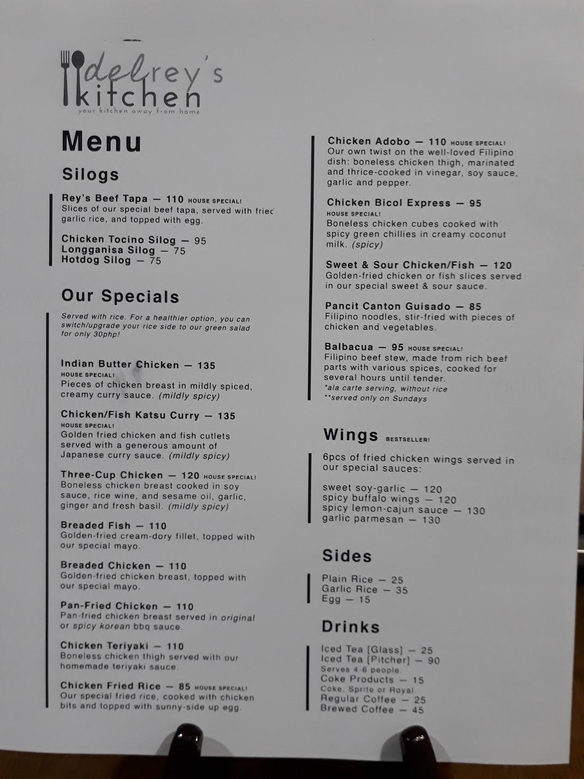 Menu at Del Rey's Kitchen restaurant, Cebu City