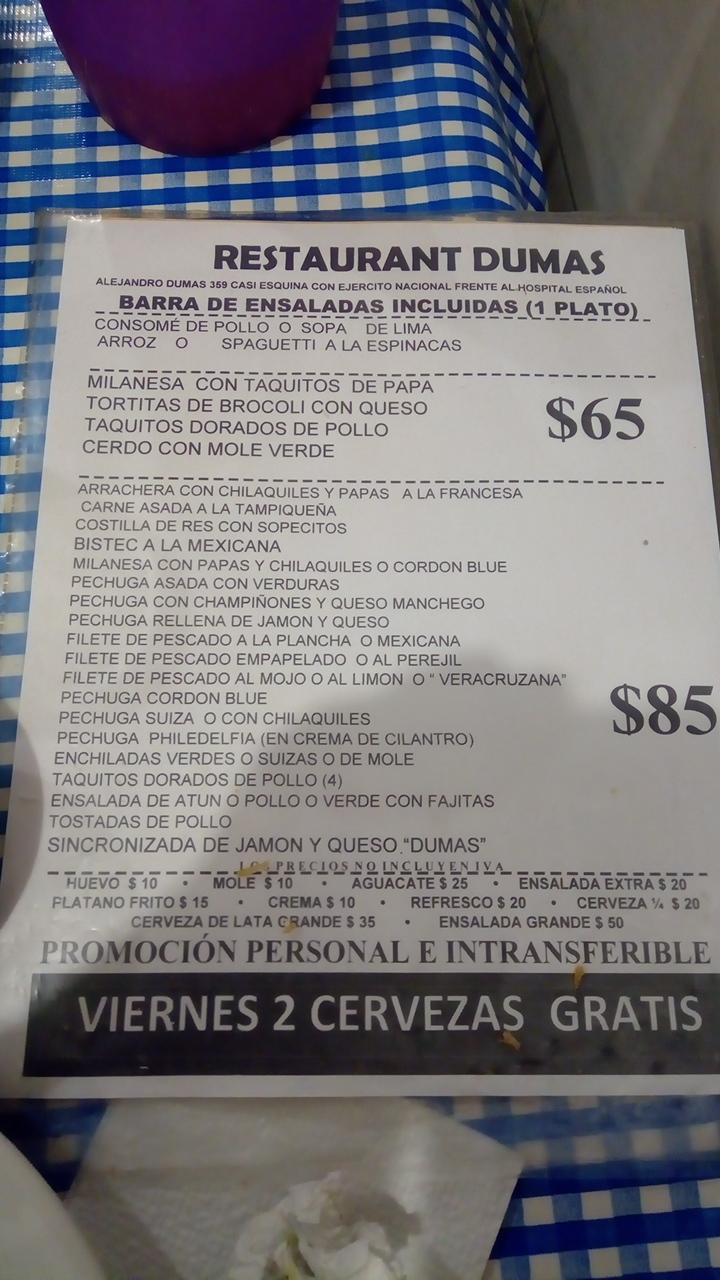 Carta de Restaurant Dumas, Ciudad de México