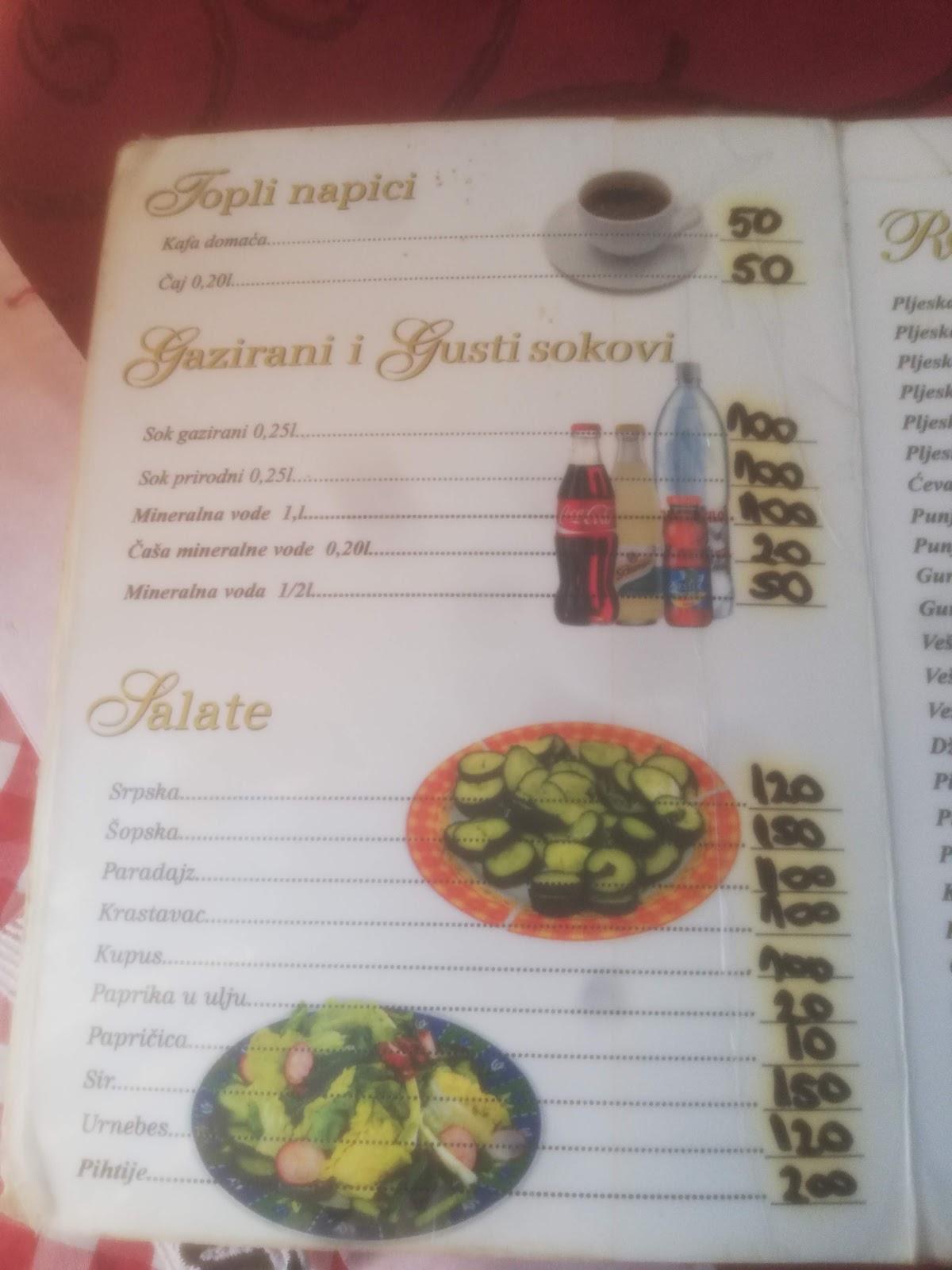 Menu at Kafana "Moravac" restaurant, Niš