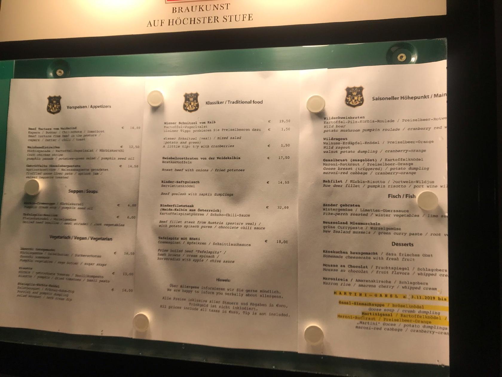 Menu at SIXTA pub & bar, Vienna