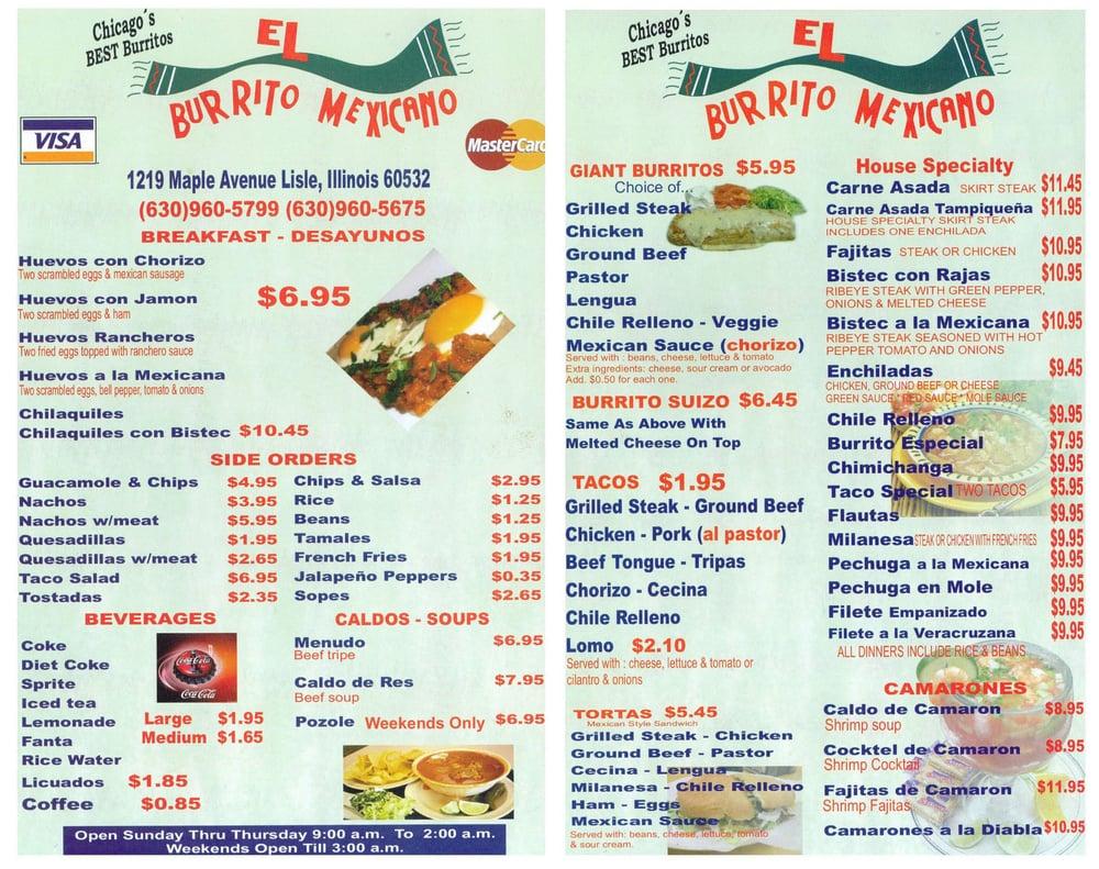 Menu at El Burrito Mexicano restaurant, Lisle, Maple Ave