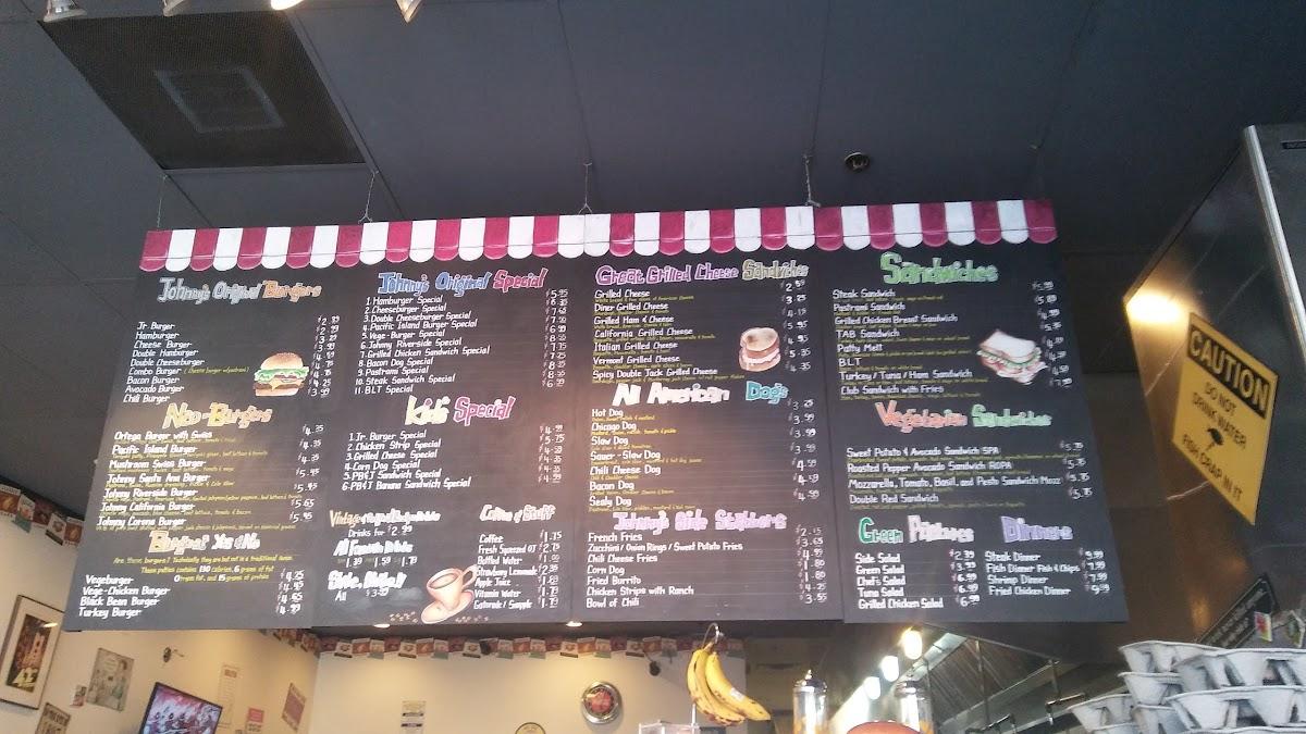 Menu at Johnny's Burgers restaurant, Riverside, Riverside Plaza Dr