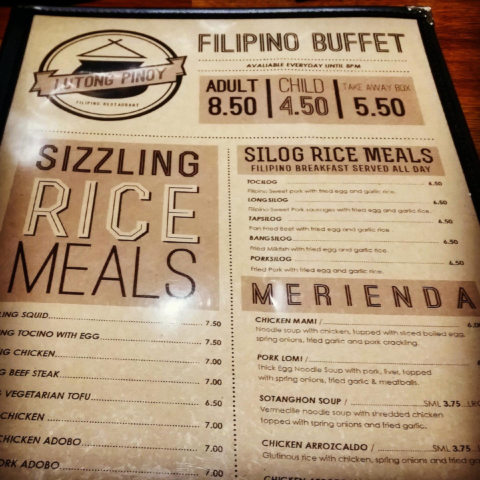 Menu at Lutong Pinoy restaurant, London