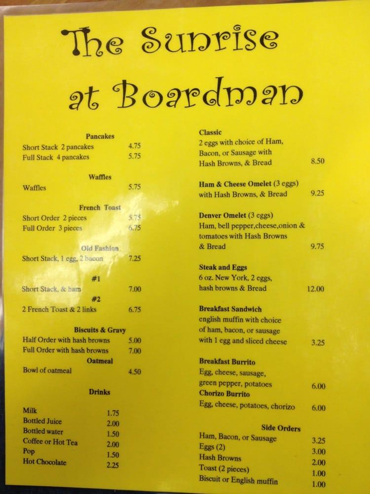 Menu at Sunrise At Boardman restaurant, Boardman