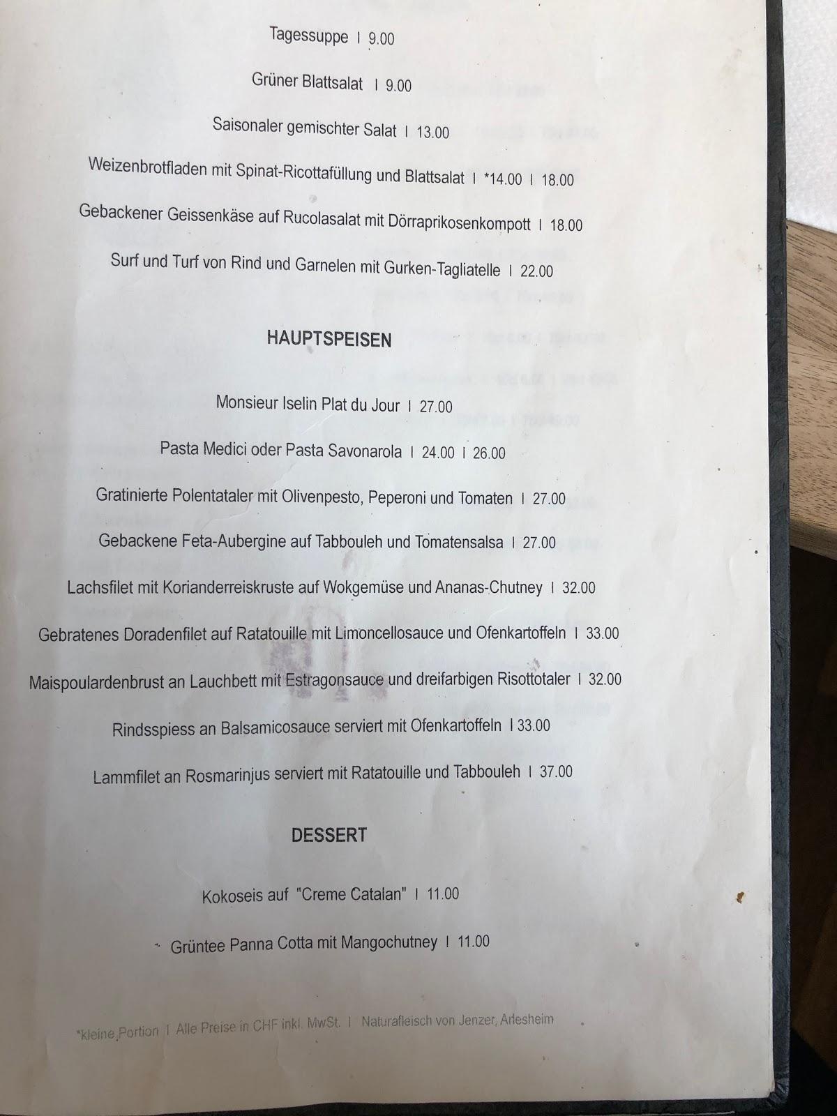 Menu at Zum Isaak, Basel