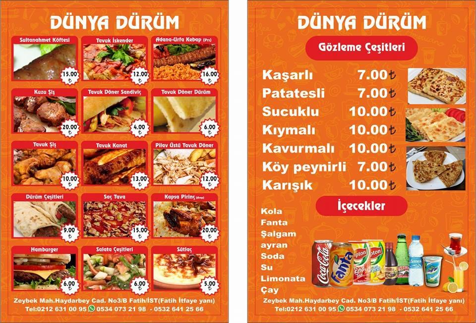 Menu at dunya durum, Istanbul, heyder bey cad.