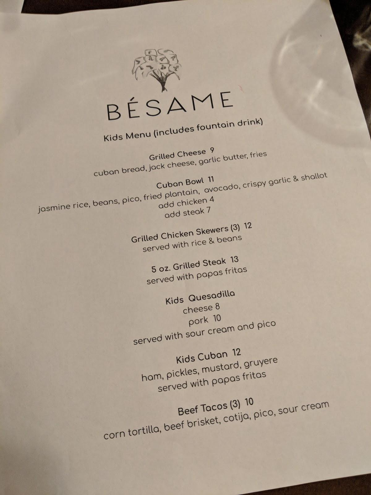 Menu at Besame Steamboat restaurant, Steamboat Springs