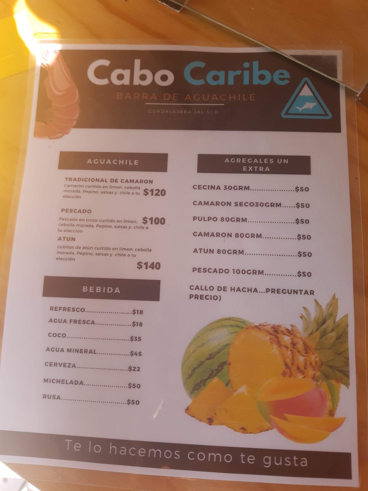 Menu at Cabo Caribe restaurant, Guadalajara