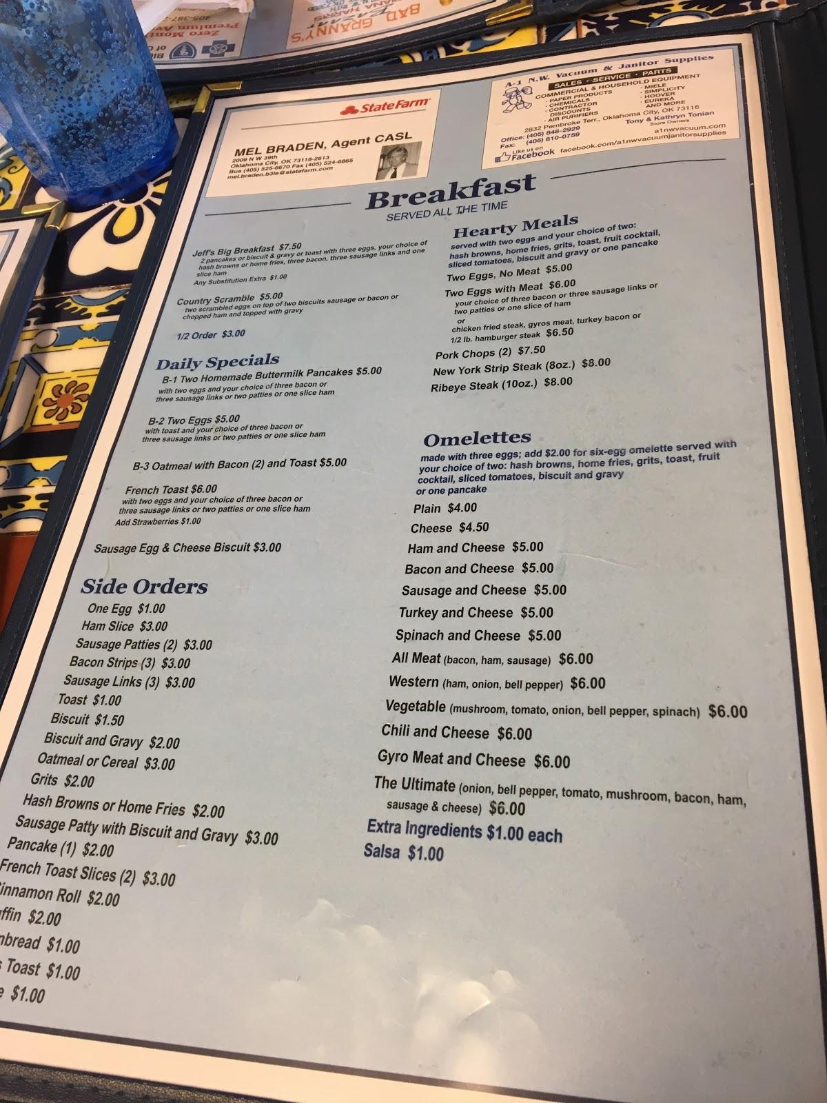 Menu at Jeff's Country Cafe, Oklahoma City
