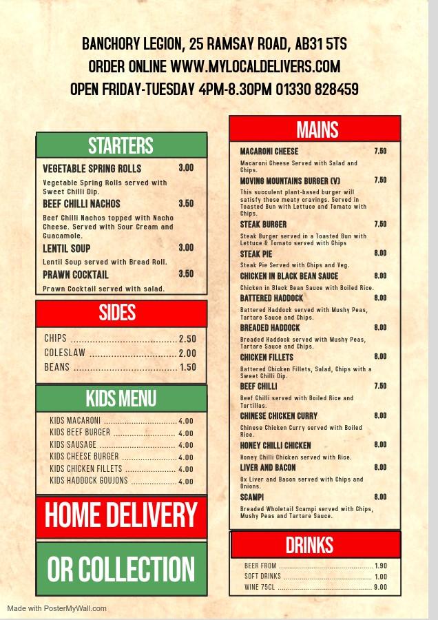Menu at Ravenswood Legion Scotland pub & bar, Banchory