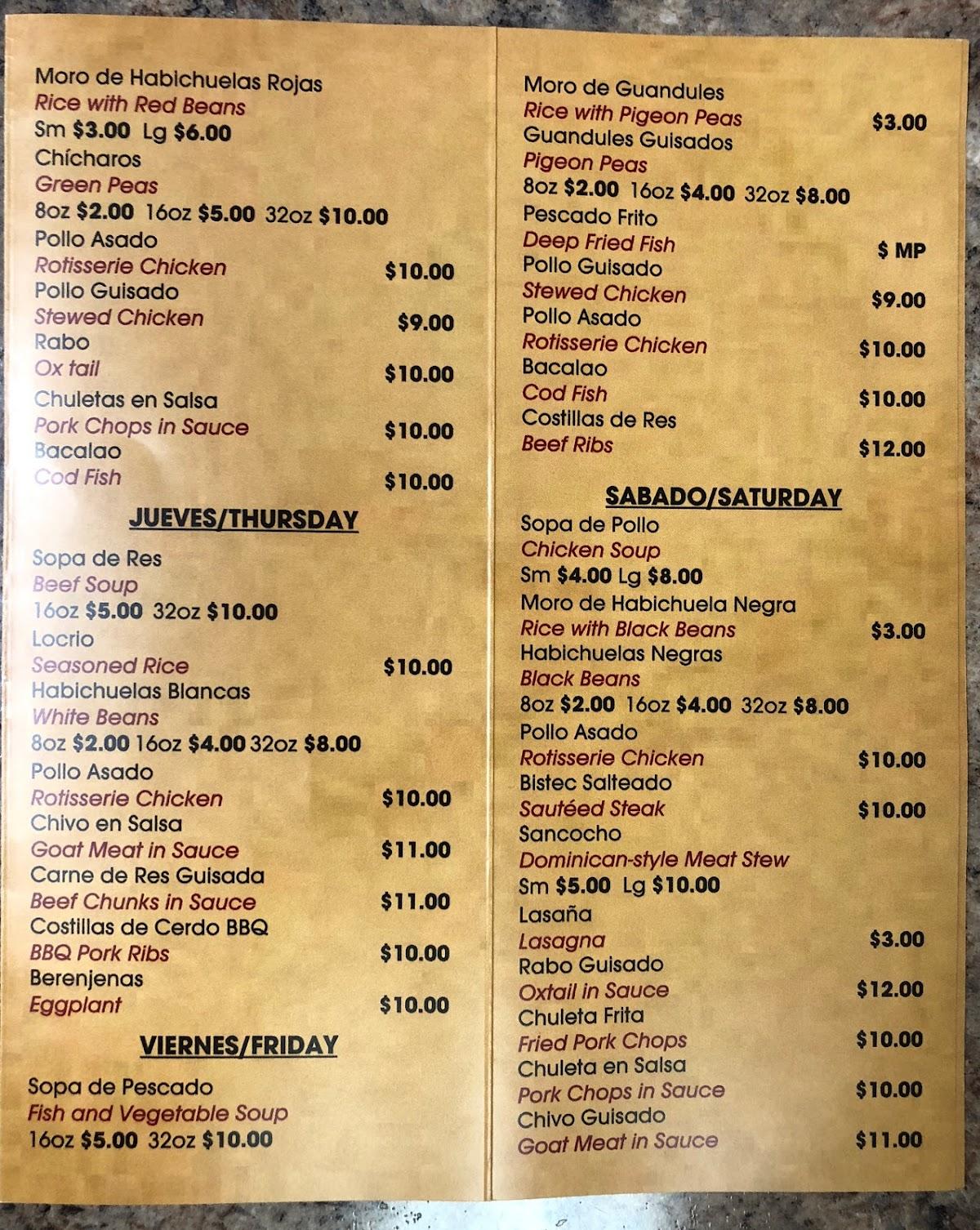 Menu at Sazon Dominicano Restaurant, Rahway