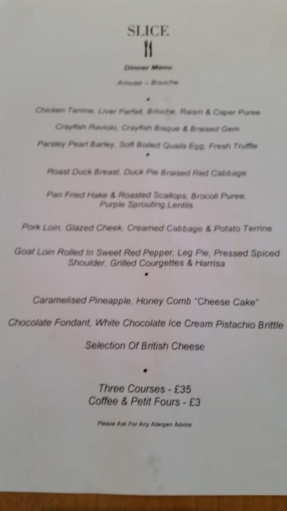 Menu at Slice restaurant, Swansea