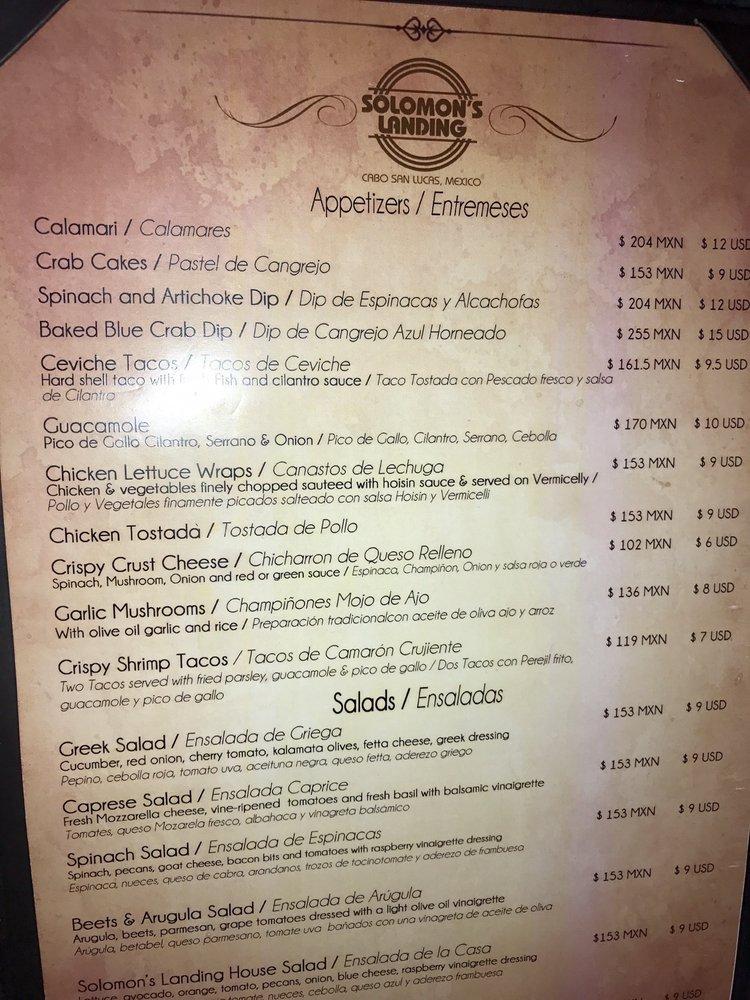 Menu at Solomon's Landing Los Cabos restaurant, Cabo San Lucas