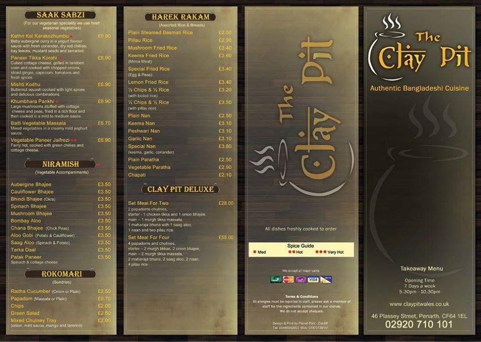 Menu at The Clay Pit restaurant, Penarth