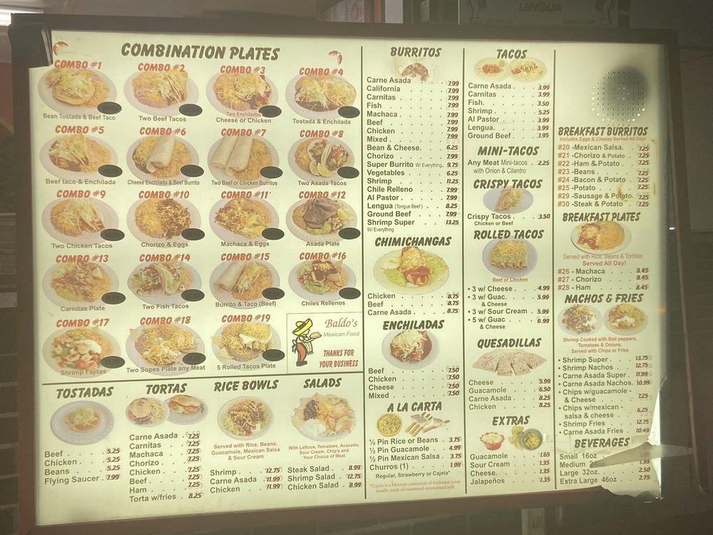 Menu at Baldo's Mexican Food restaurant, Vacaville