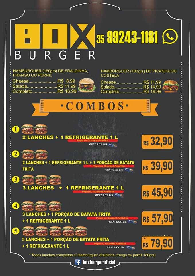 Menu em Box Burger restaurante, Juruaia