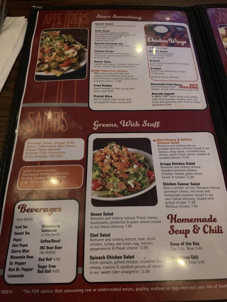 Menu at Joey B's on the Hill restaurant, St. Louis