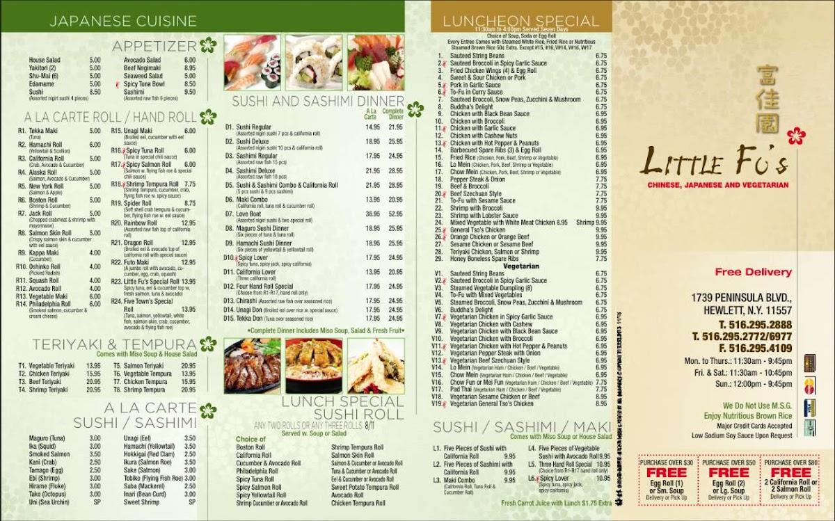 Menu at Little Fu's restaurant, Hewlett