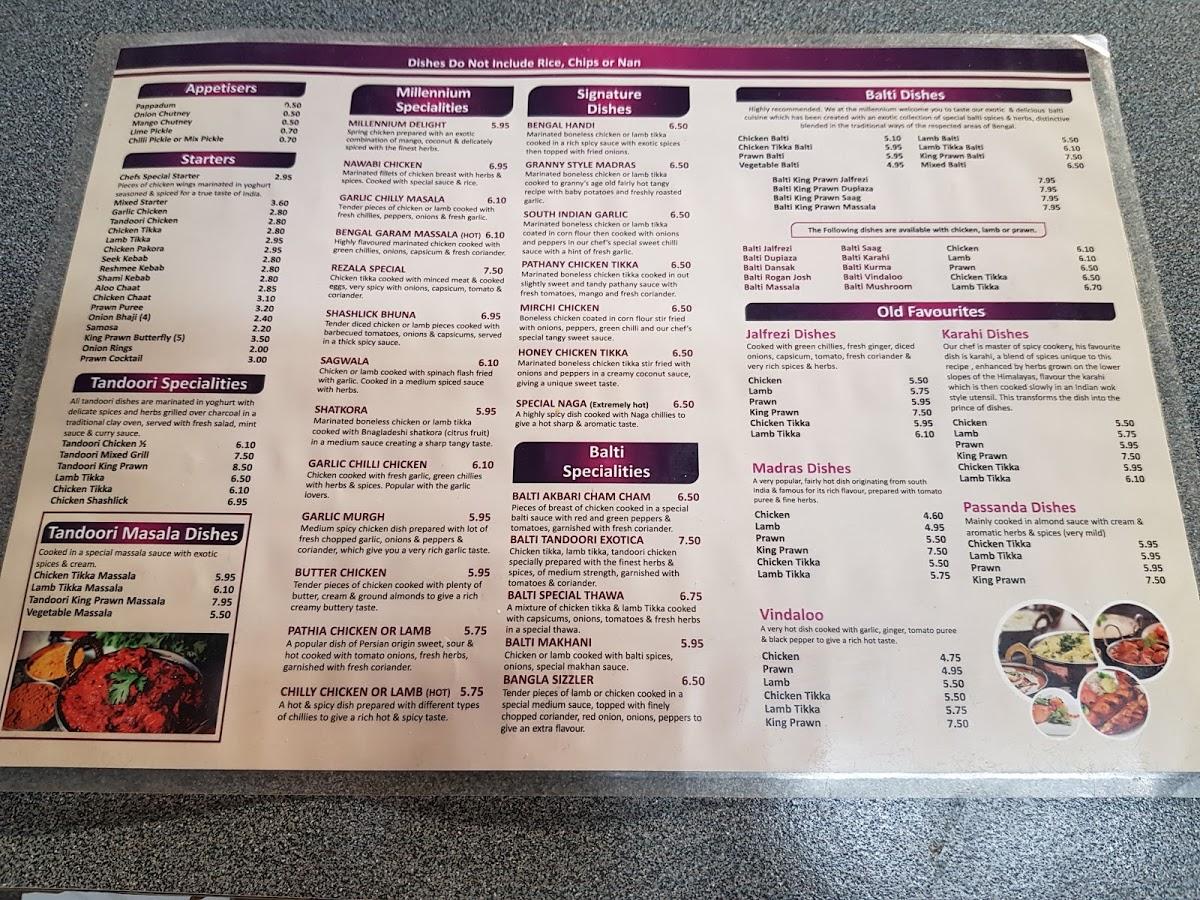 Menu at Millennium Balti Runcorn fast food, Runcorn