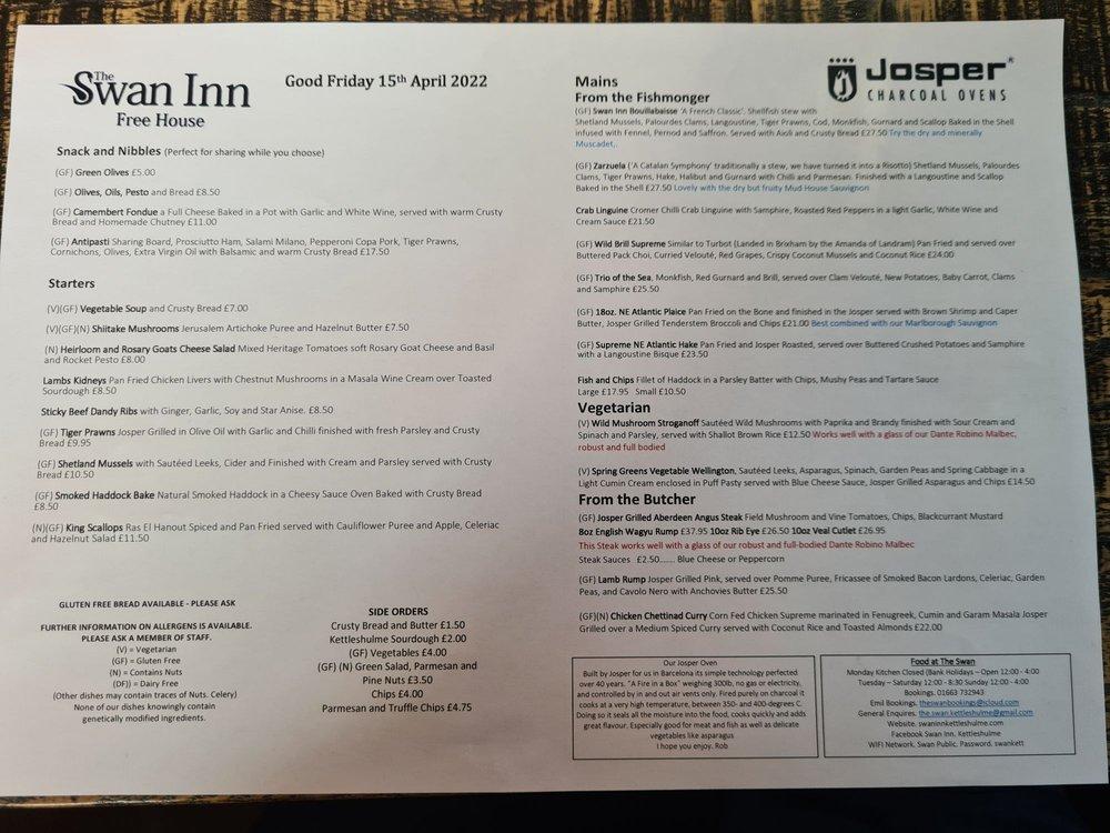 Menu at The Swan Inn pub & bar, Whaley Bridge