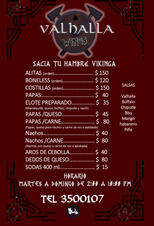 Menu at Valhalla Wings restaurant, Ensenada