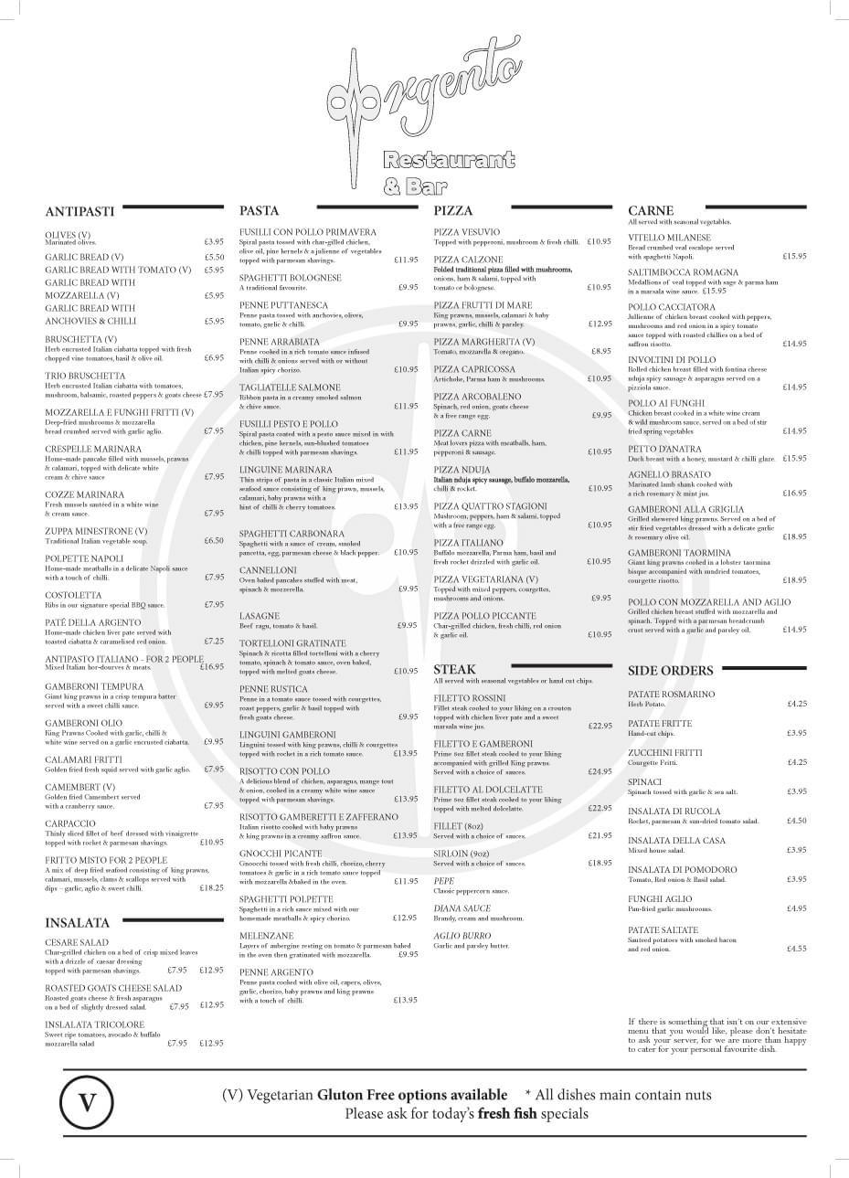 Menu at Abbraccio restaurant, Stalybridge