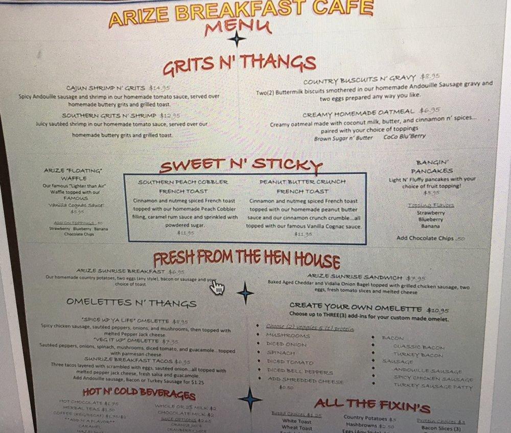 Menu at Arize Breakfast Cafe, East Point
