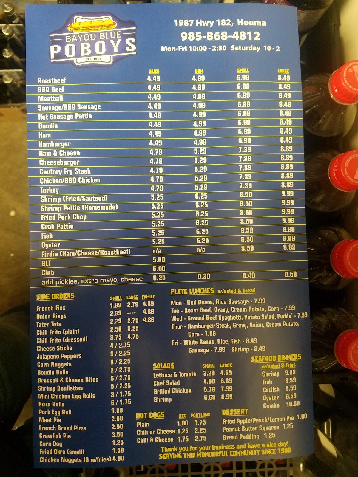 Menu at Bayou Blue Po-Boys restaurant, Houma, LA-182