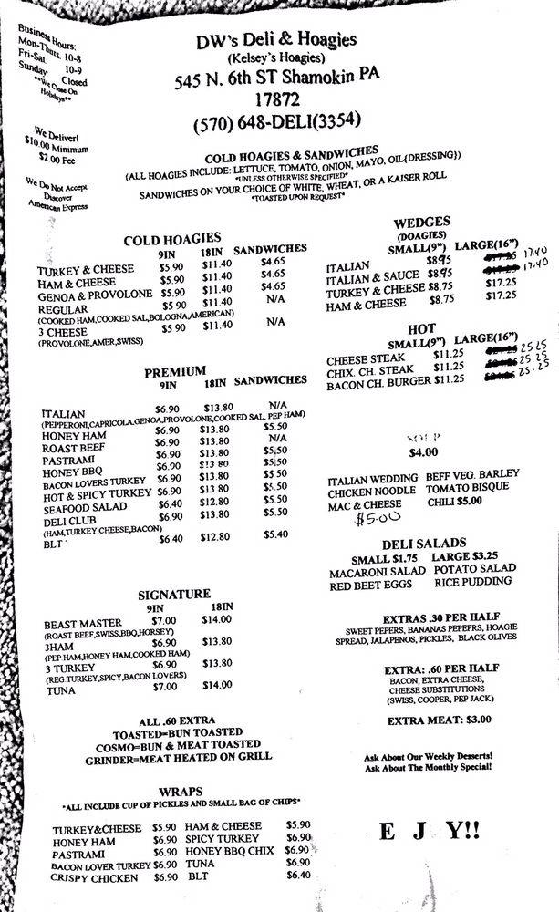 Menu at DW's Deli & Hoagies, Shamokin
