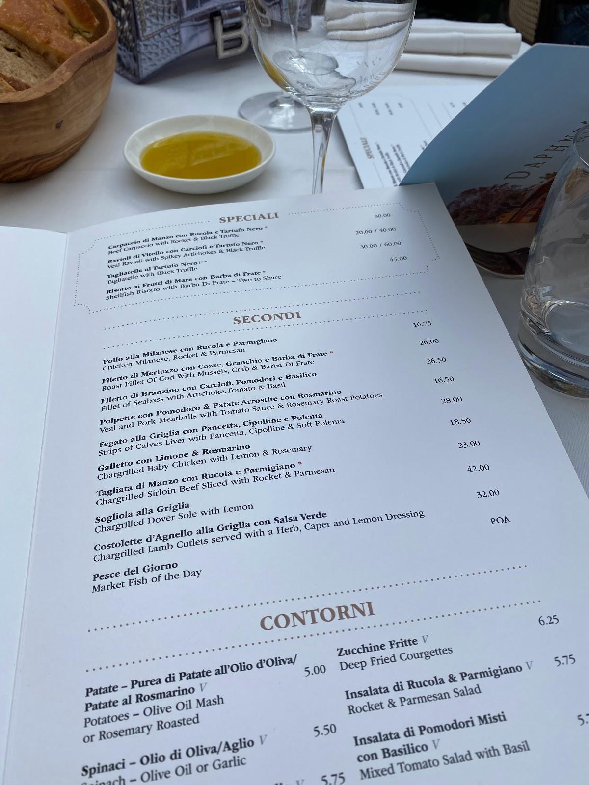 Menu at Daphne's restaurant, London