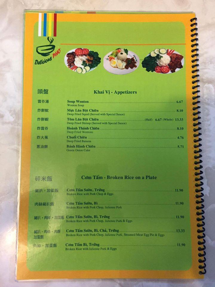 Menu at Delicious Pho restaurant, Edmonton, 106 Ave NW