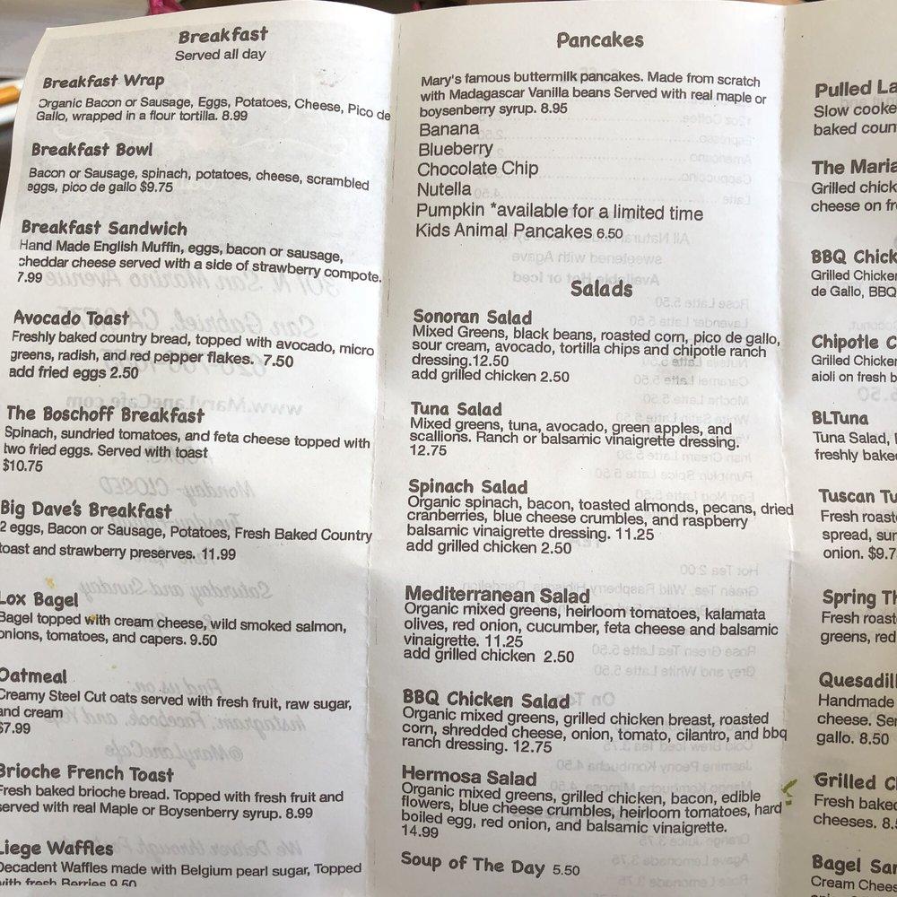 Menu at Mary Lane Cafe, San Gabriel